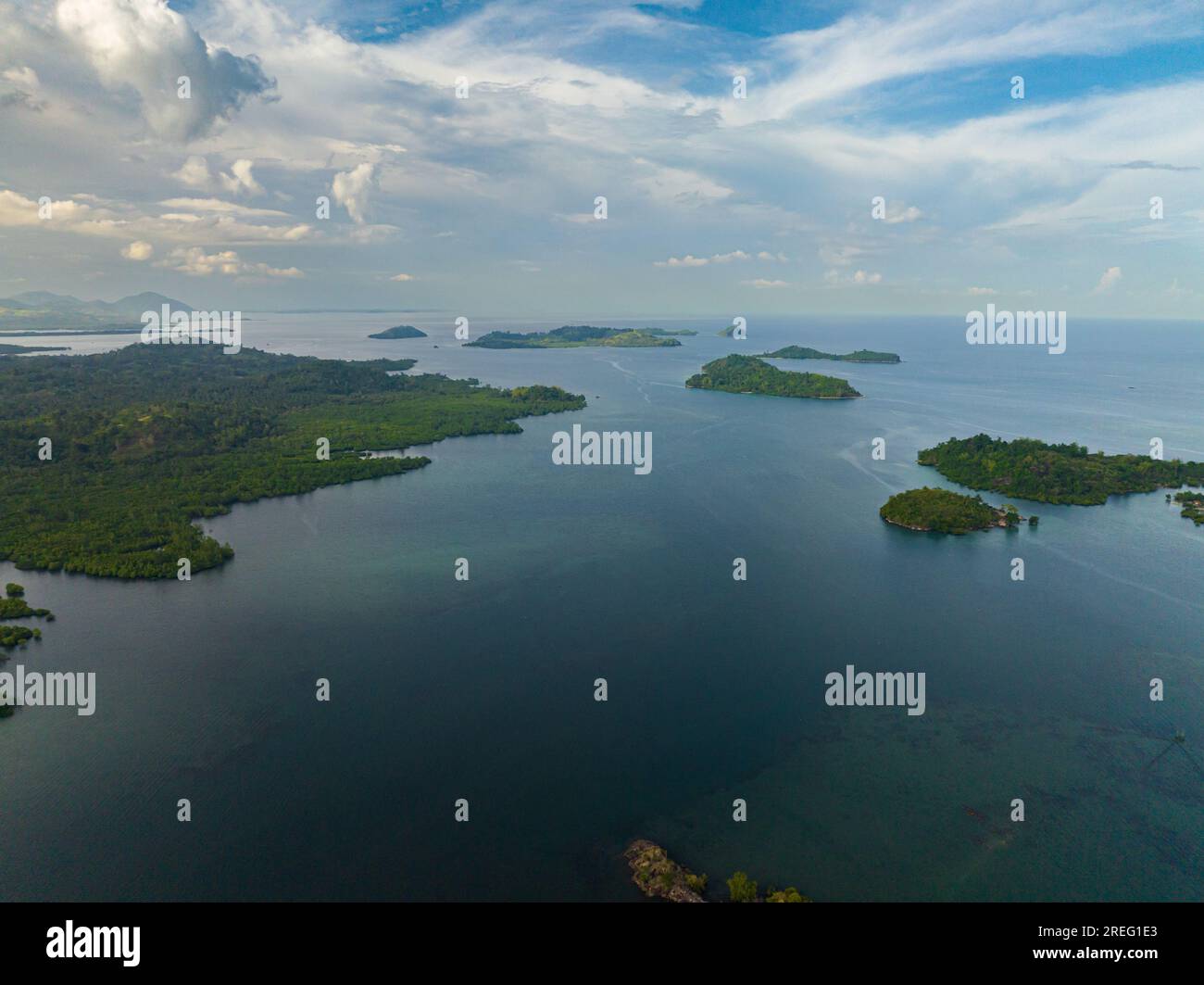 Drone view of cluster of islands and islets of Once Islas. Blue sea ...