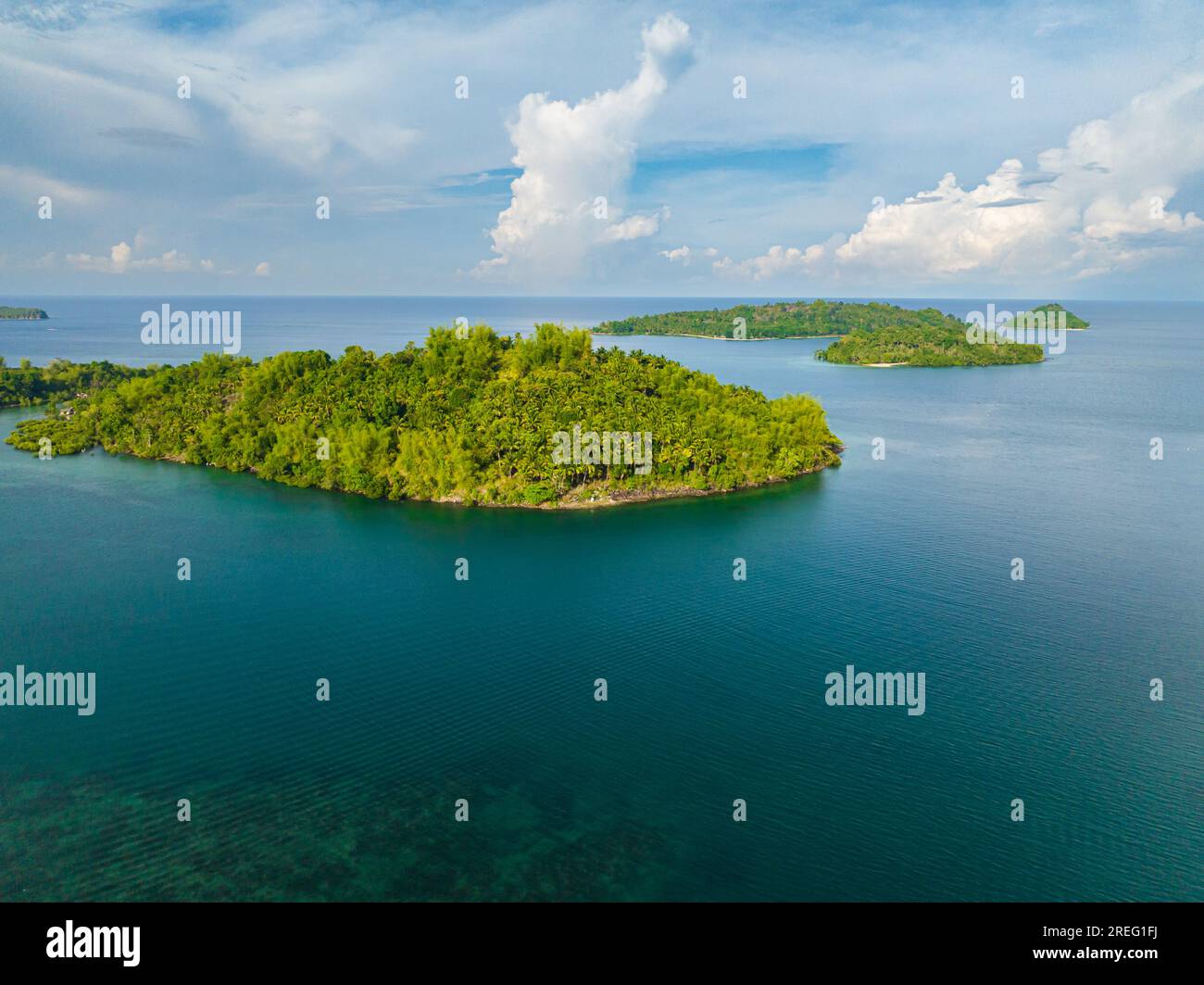 Aerial drone of Islands surrounded by deep blue sea. Once Islas in ...