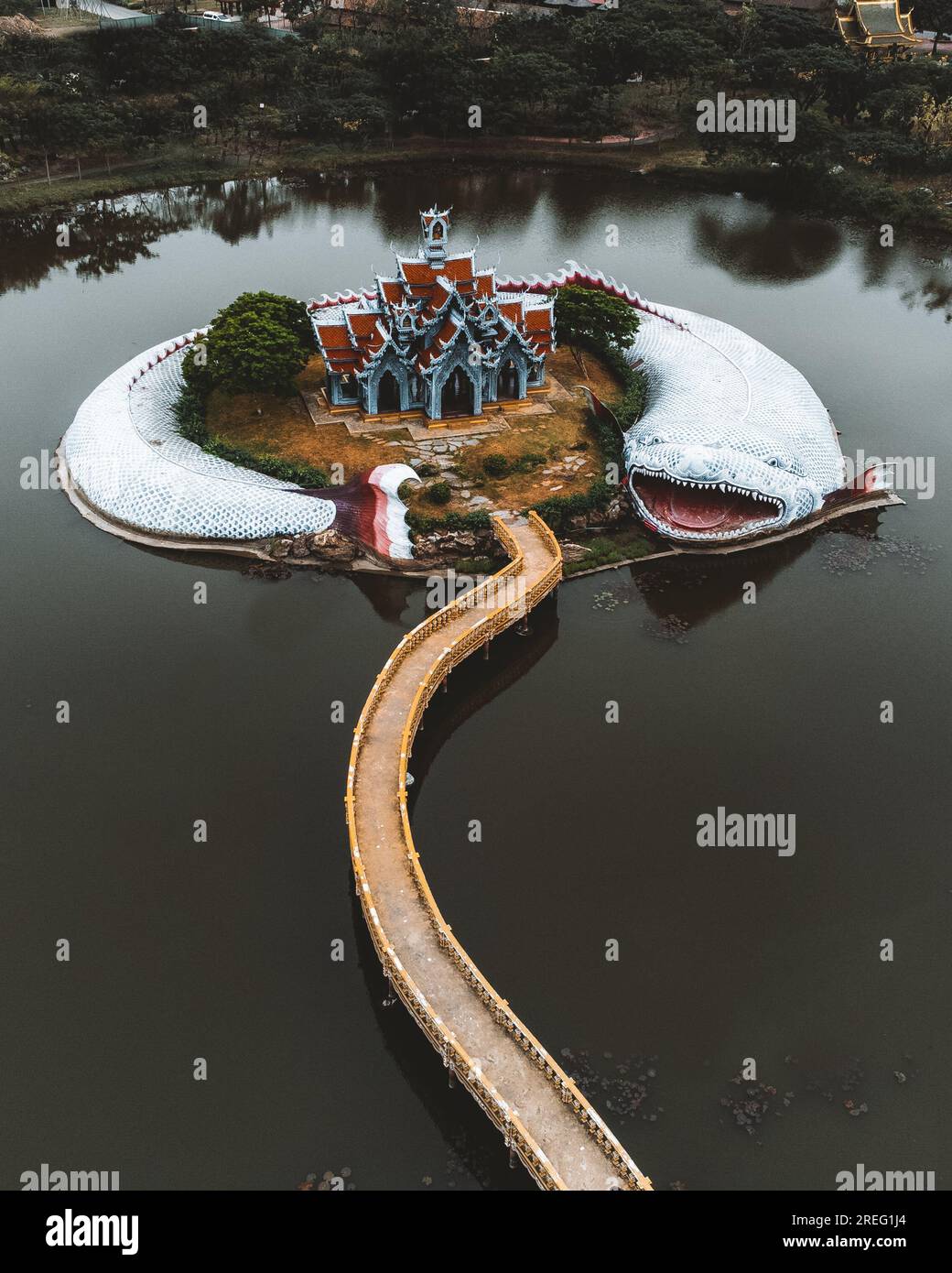 Aerial Ancient city Fish Temple in Bangkok Thailand, Ancient Siam ...