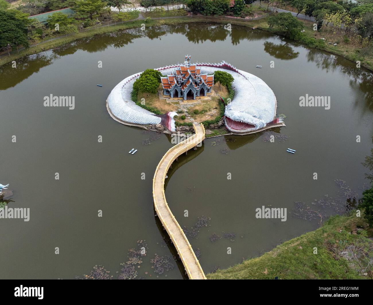 Aerial Ancient city Fish Temple in Bangkok Thailand, Ancient Siam ...