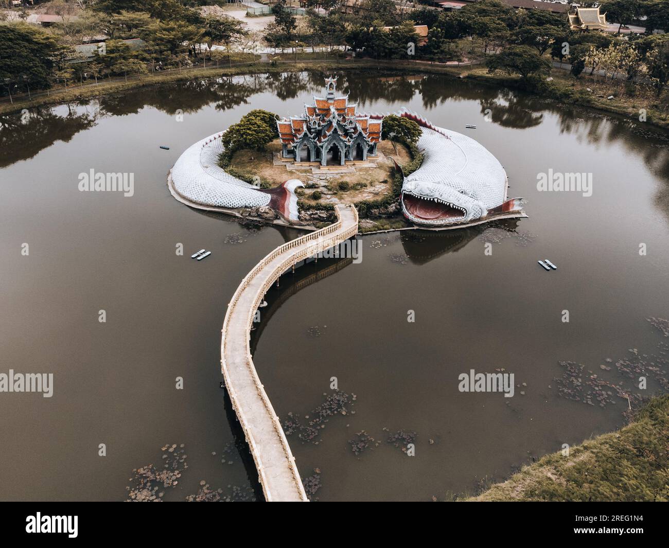 Aerial Ancient city Fish Temple in Bangkok Thailand, Ancient Siam ...