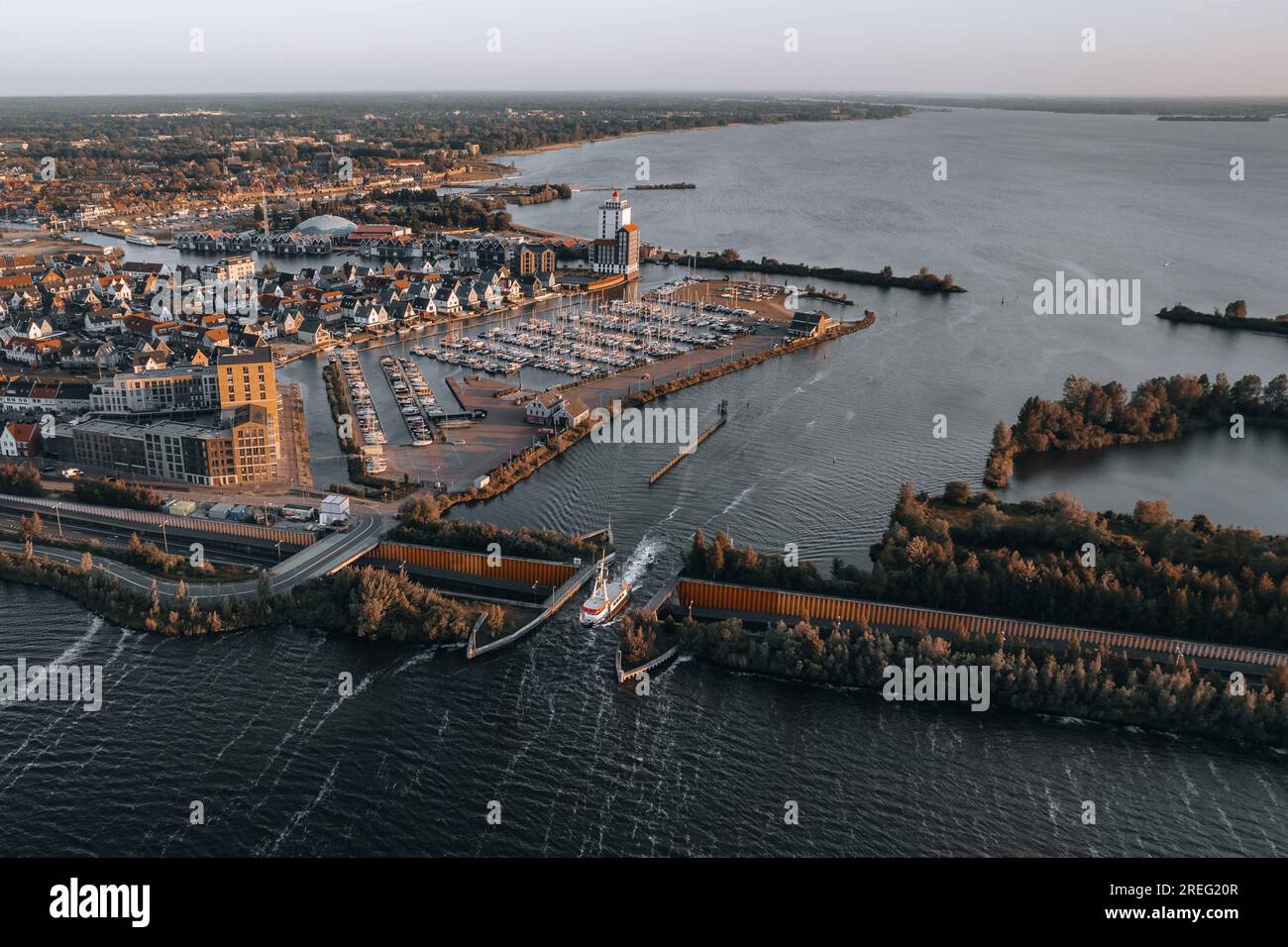 Aerial view of boat crossing aquaduct in Harderwijk, Veluwemeer The ...