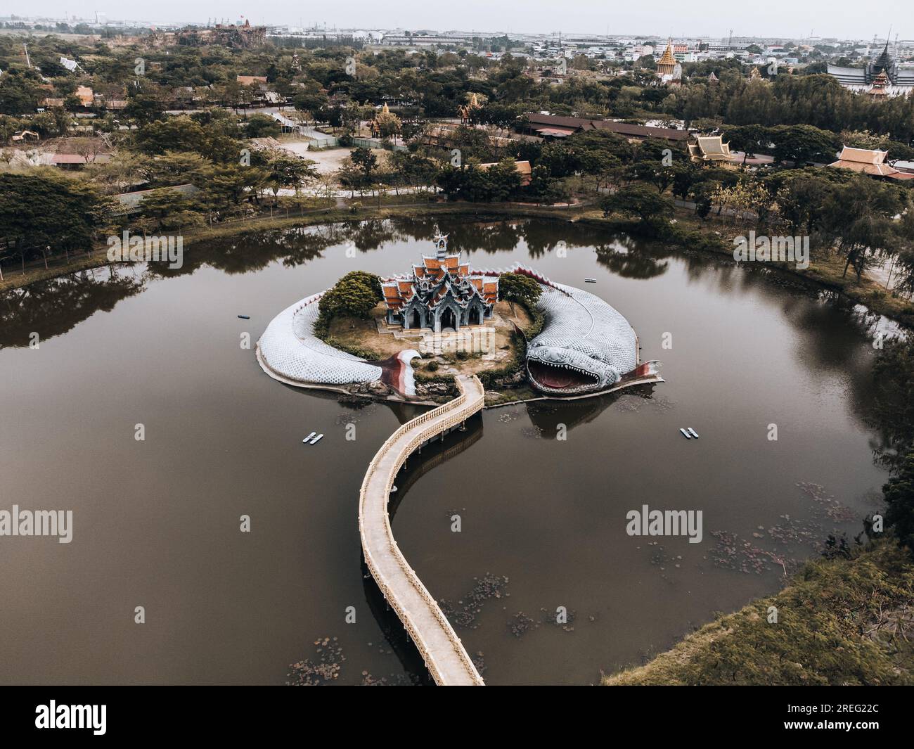 Aerial Ancient city Fish Temple in Bangkok Thailand, Ancient Siam ...