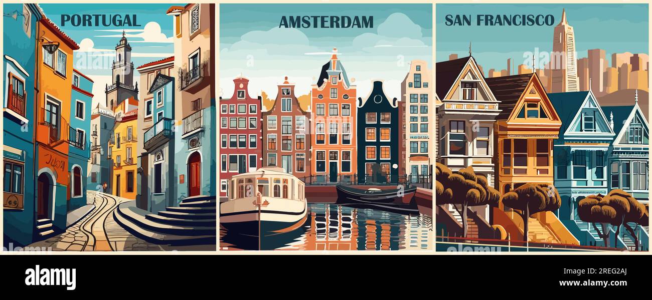 Set of Travel Destination Posters in retro style Stock Vector Image ...