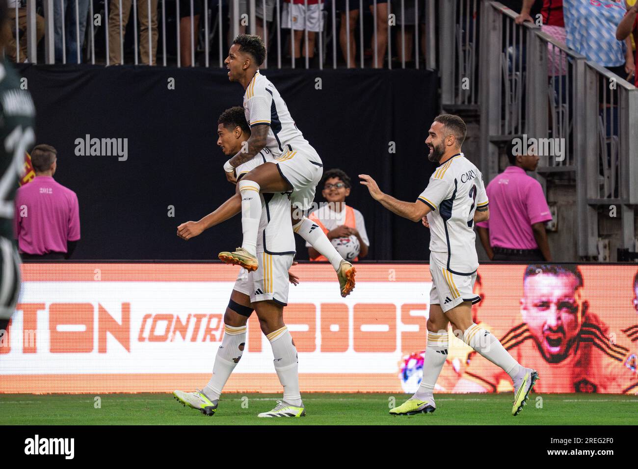 Real Madrid forward Rodrygo Silva (11) celebrates with midfielder Jude ...