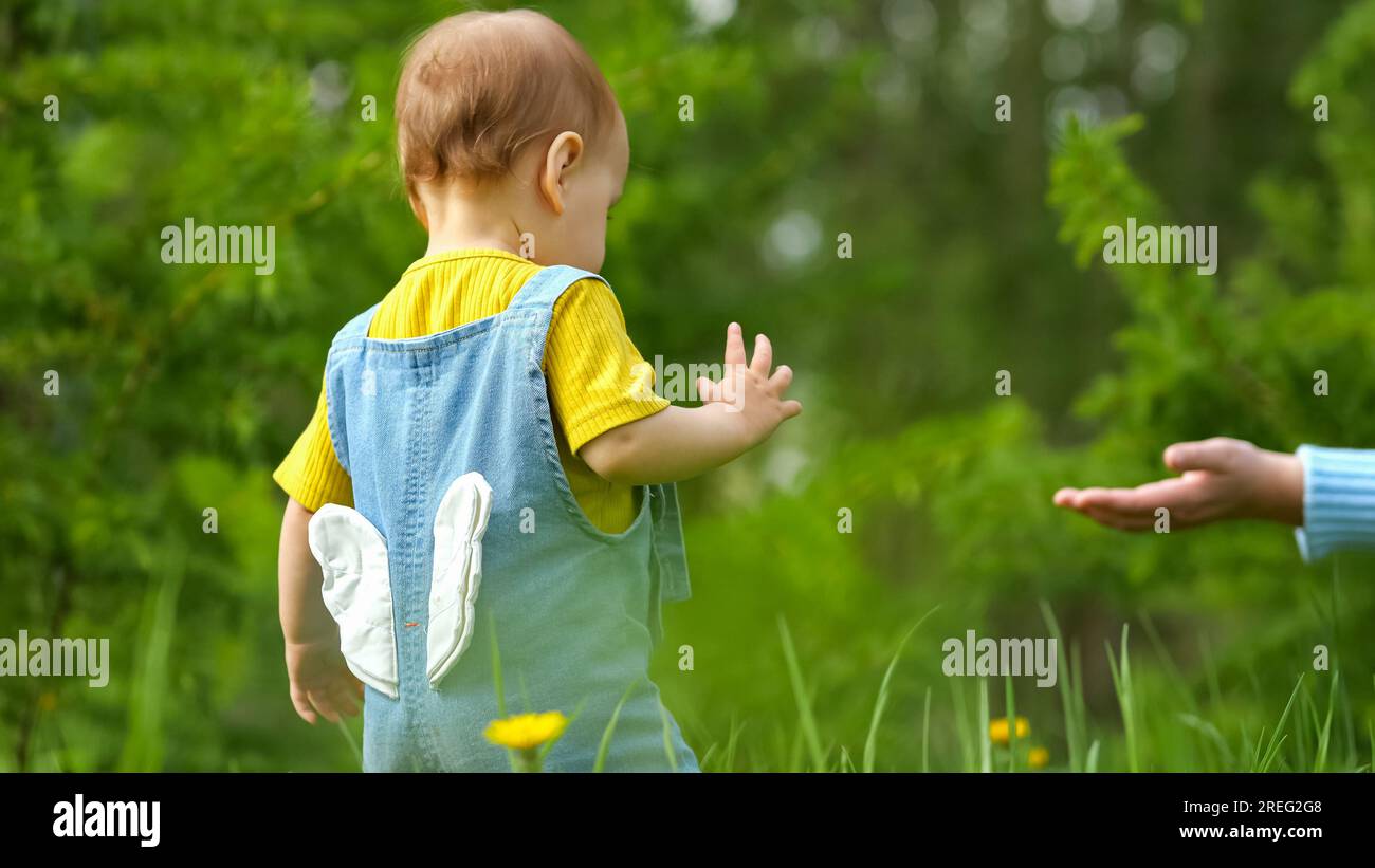 Toddler child in bright overalls walks along grass to mother Stock ...