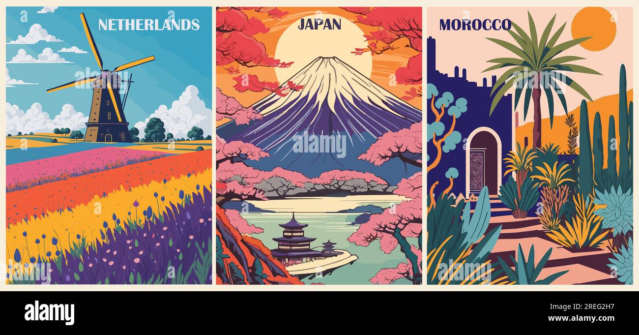 Set of Travel Destination Posters in retro style Stock Vector Image ...