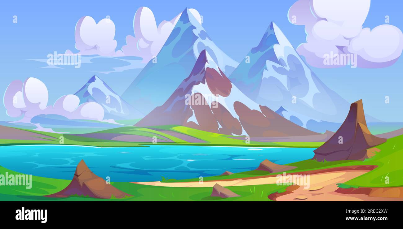 Cartoon mountain landscape with lake in spring valley. Vector ...