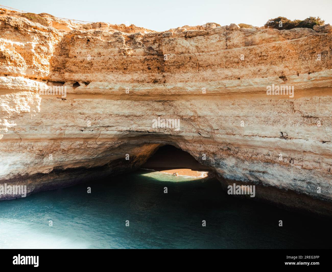 Framed aerial drone image of the Benagil Caves in Algarve, Portugal ...