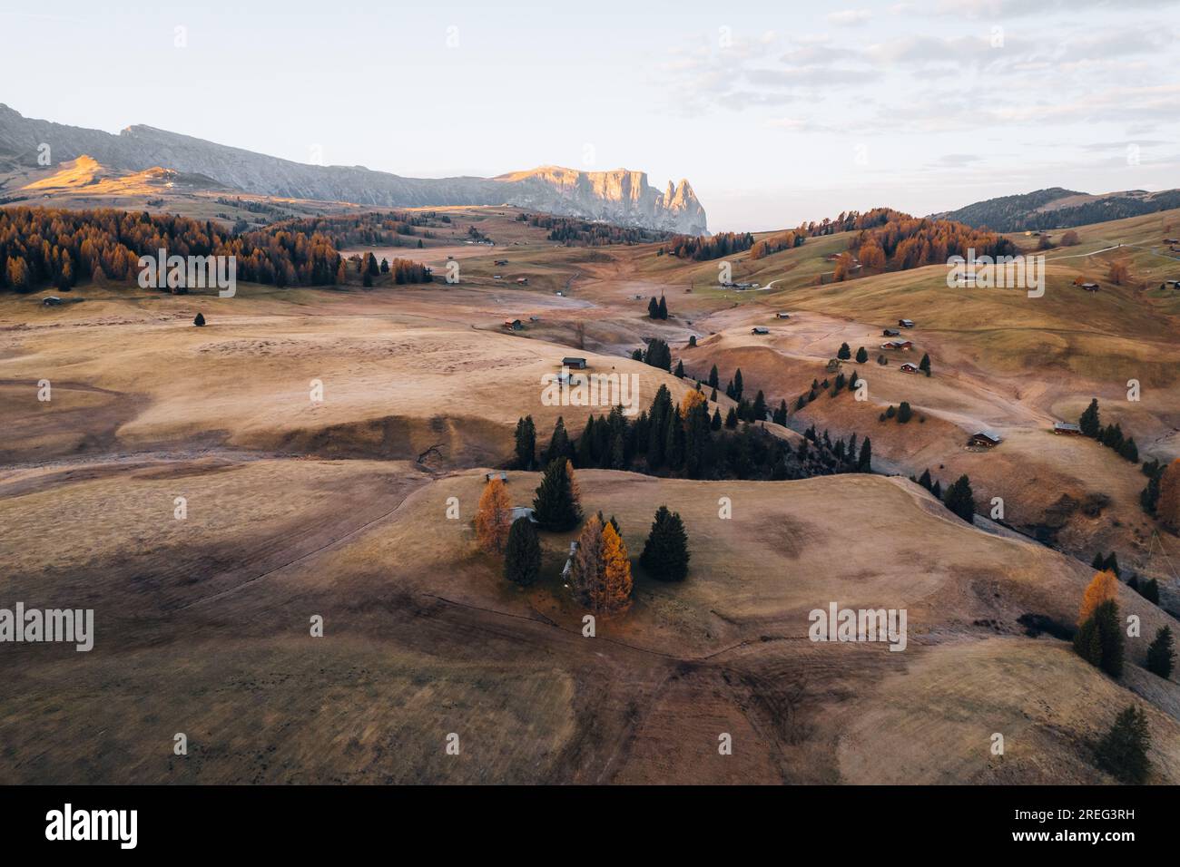 Drone photo at Alpe di Siusi sunrise in Dolomites South Tyrol Italy in ...