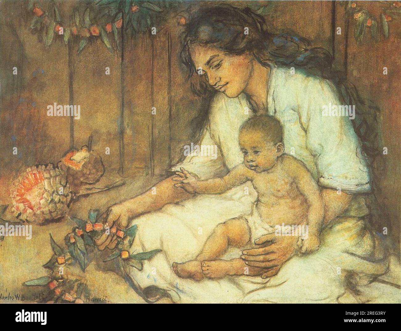 Hawaiian Mother and Child circa 1920 by Charles William Bartlett Stock ...