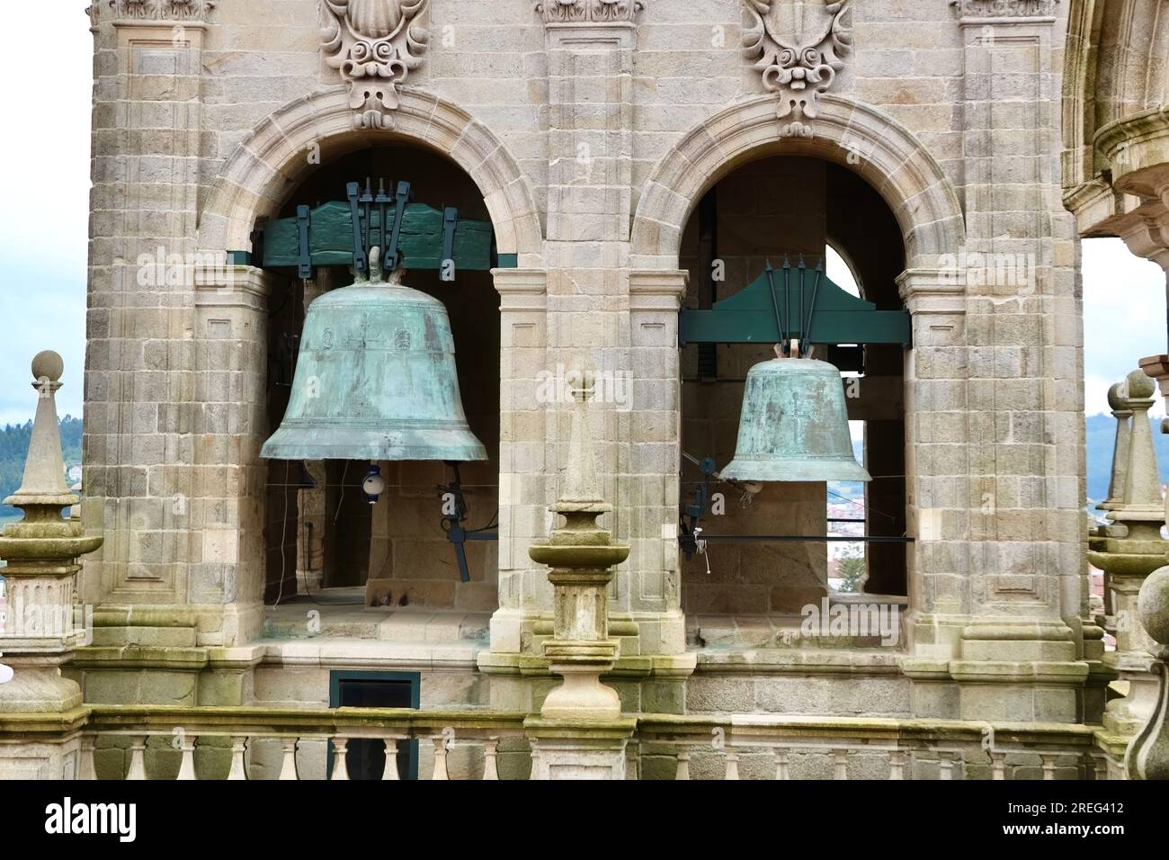Close up rooftop view of the cast bronze church bells in one of the ...