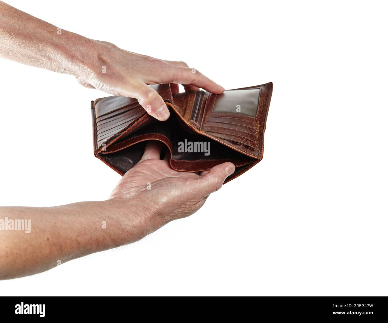 Men's hand holding empty wallet isolated on white background ...