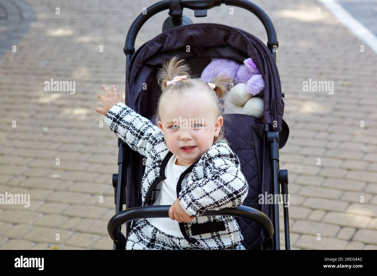 Baby in stroller on a walk in summer park. Adorable little girl sitting ...