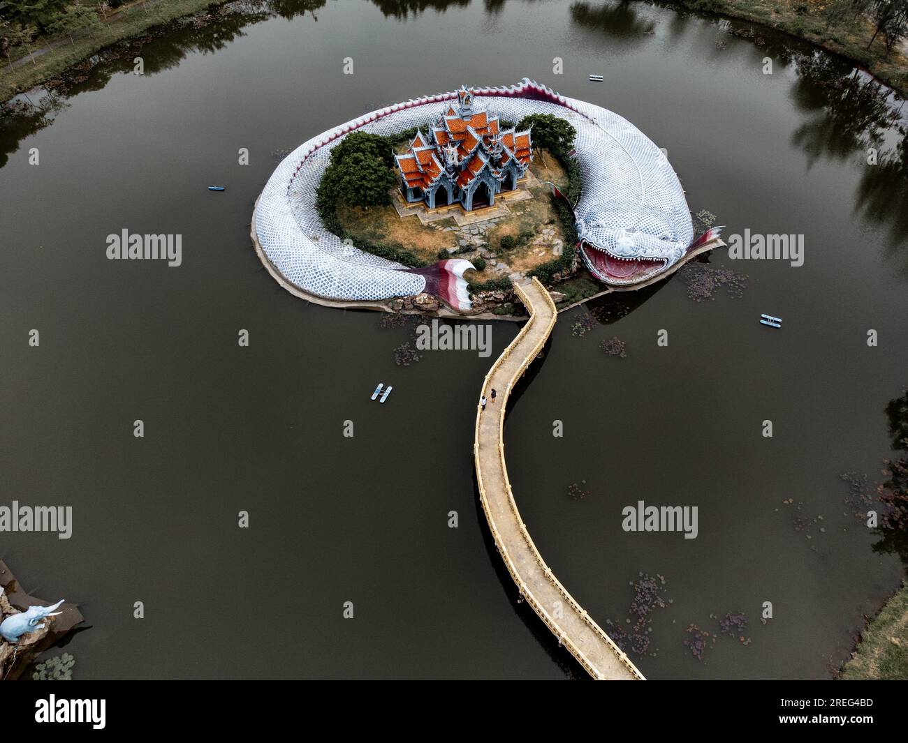 Aerial Ancient city Fish Temple in Bangkok Thailand, Ancient Siam ...