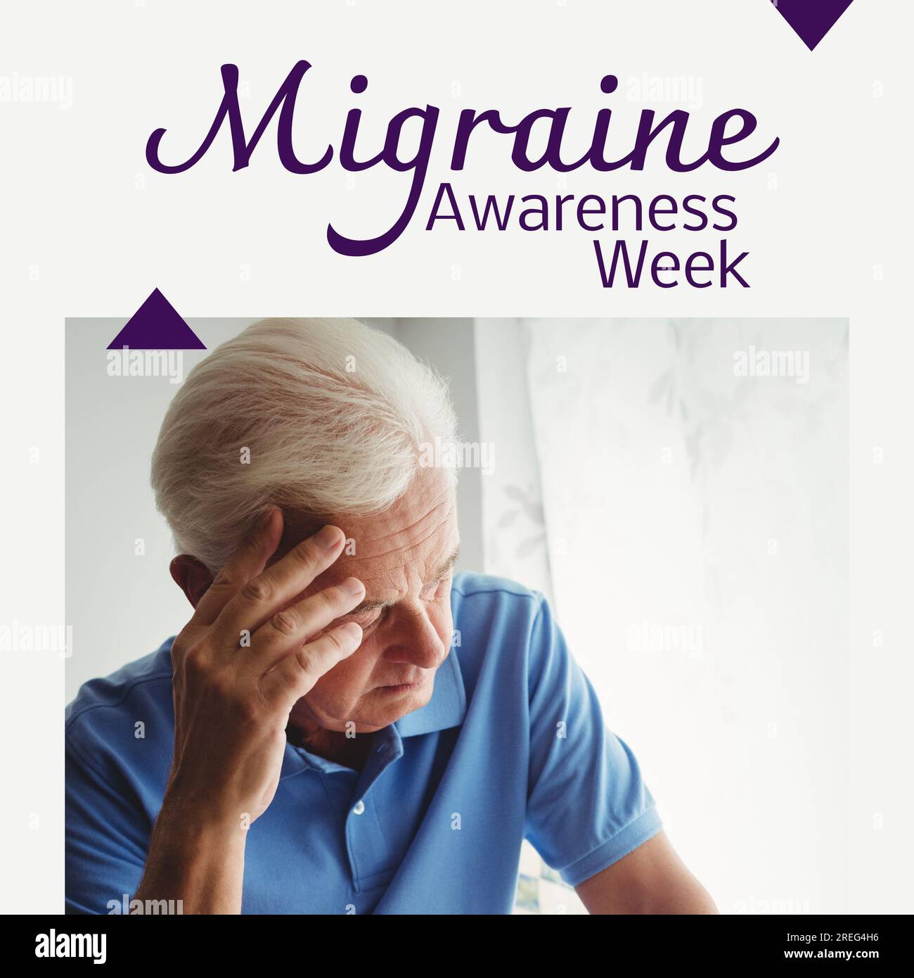Migraine awareness week text in purple with senior caucasian man ...