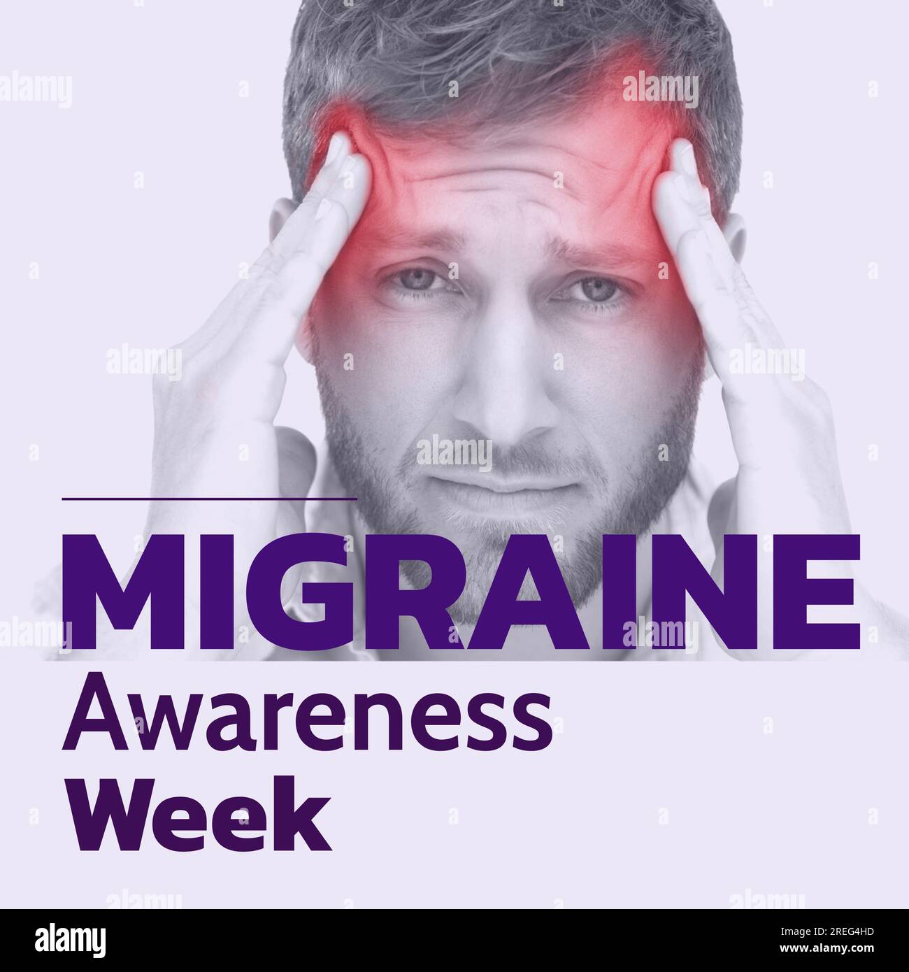Migraine awareness week text in purple over caucasian man touching head ...