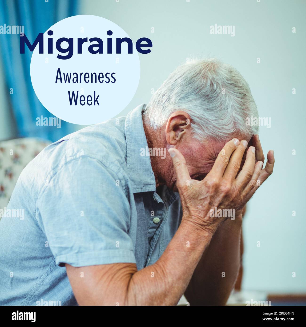 Migraine awareness week text in blue with distressed senior caucasian ...