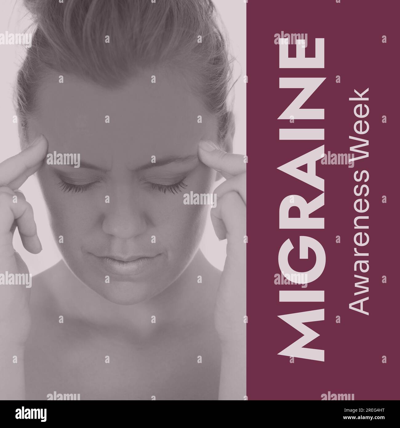 Migraine awareness week text on purple with unhappy caucasian woman ...