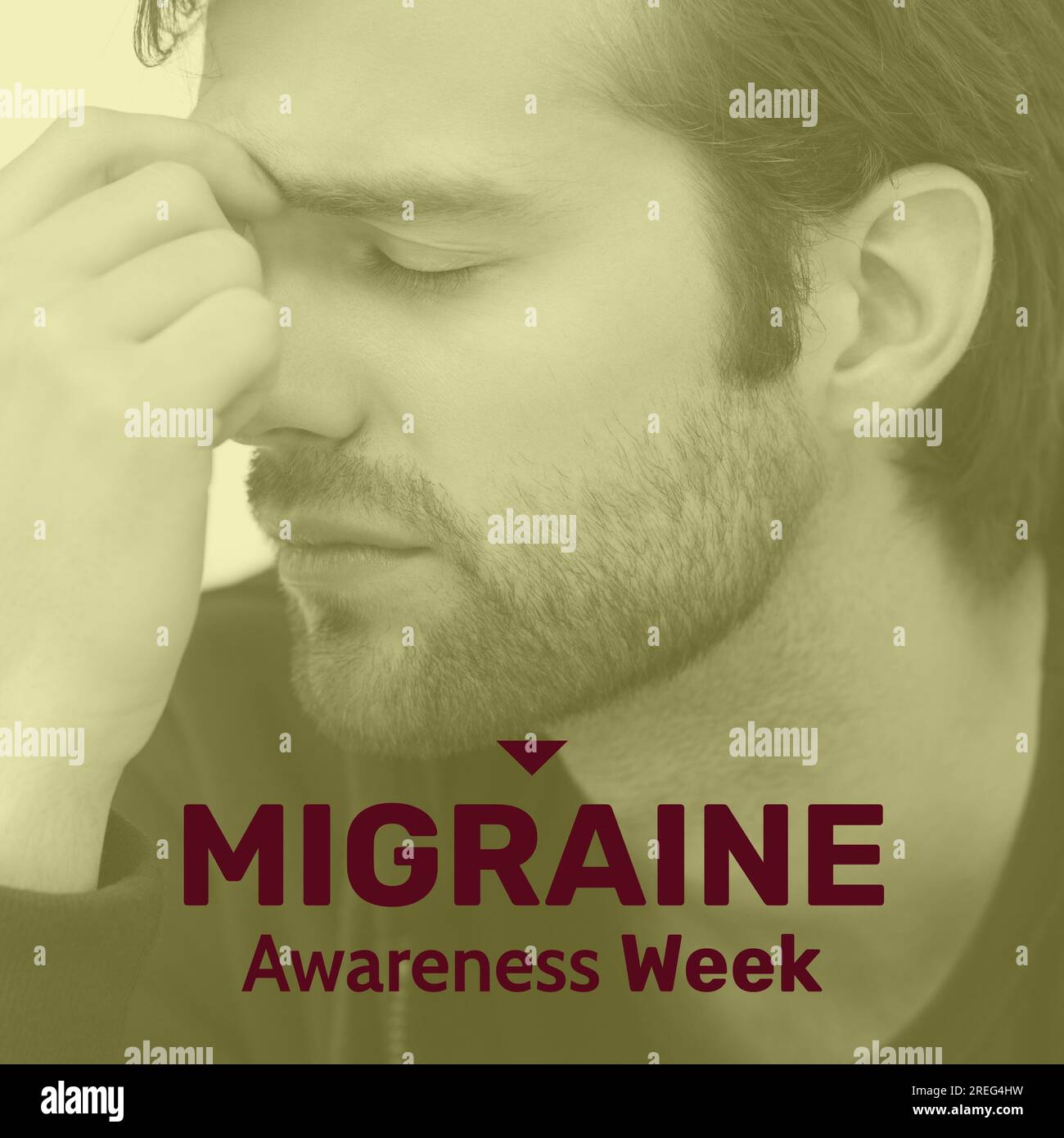 Migraine awareness week text in red over caucasian man holding nose in ...