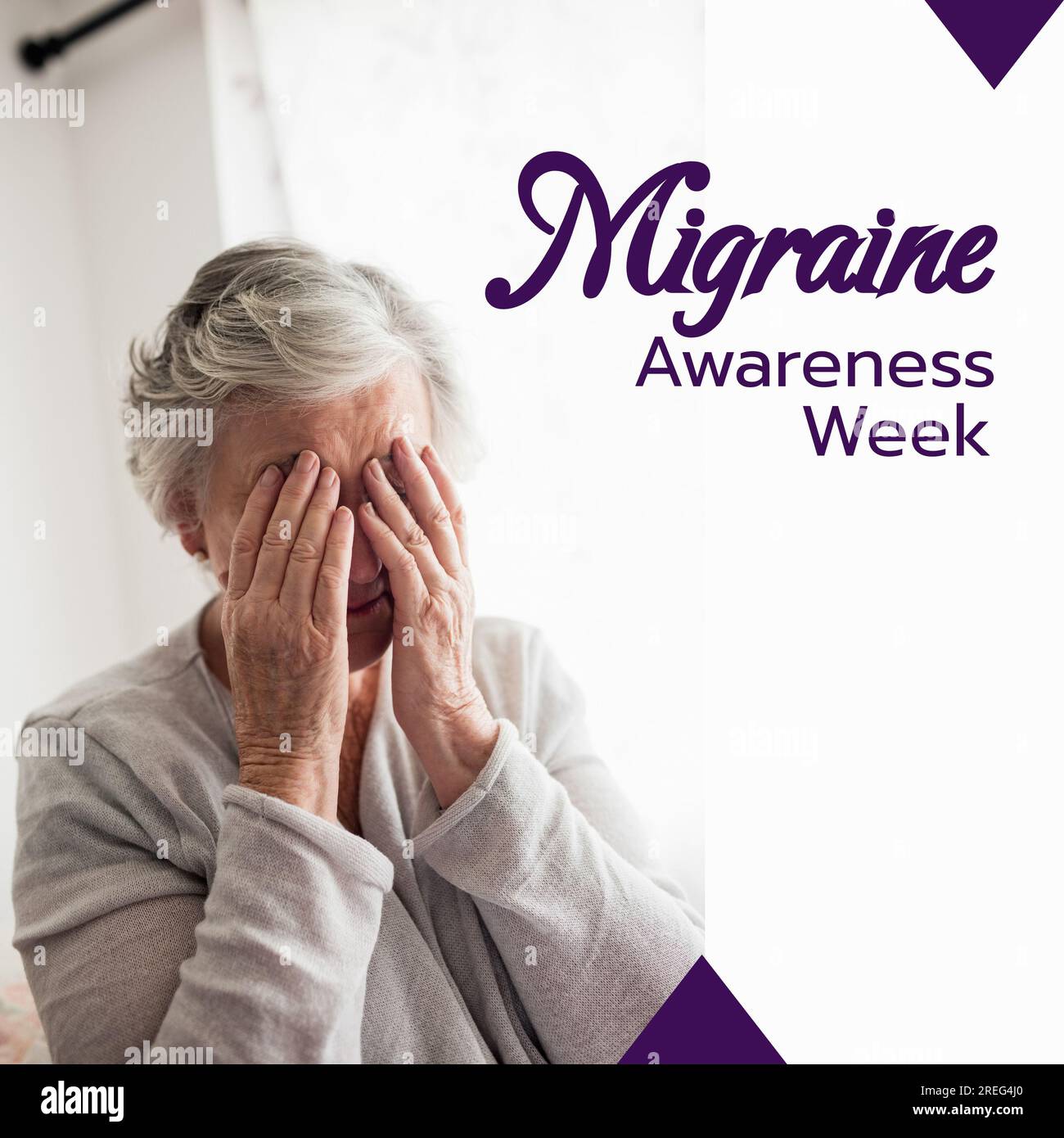 Migraine awareness week text in purple over dsitressed senior caucasian ...