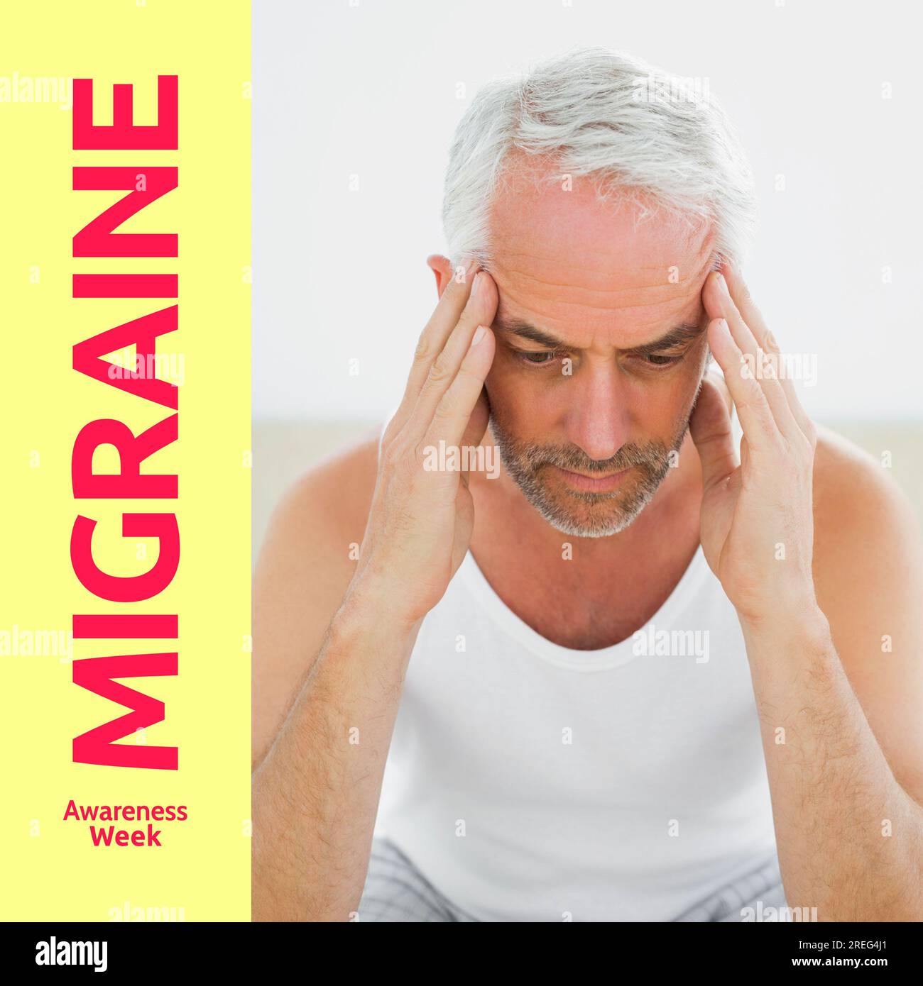 Migraine awareness week text in red on yellow over senior caucasian man ...