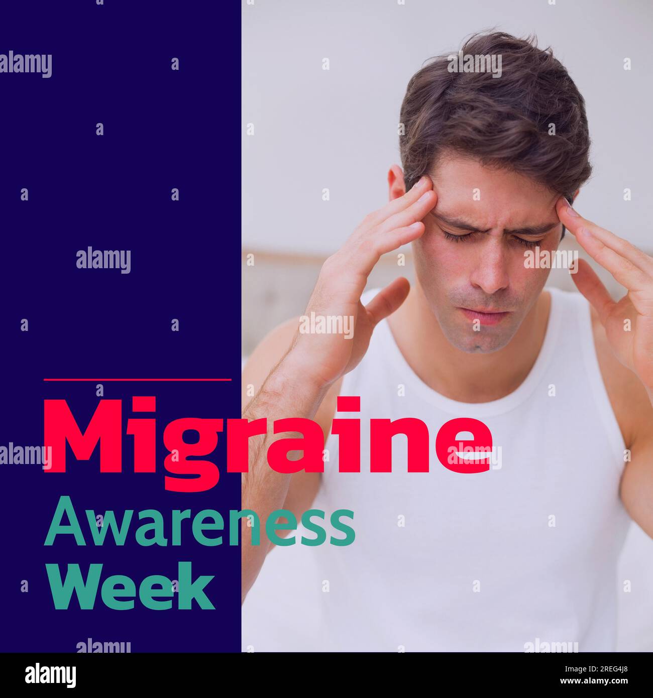 Migraine awareness week text in red and green on blue over caucasian ...