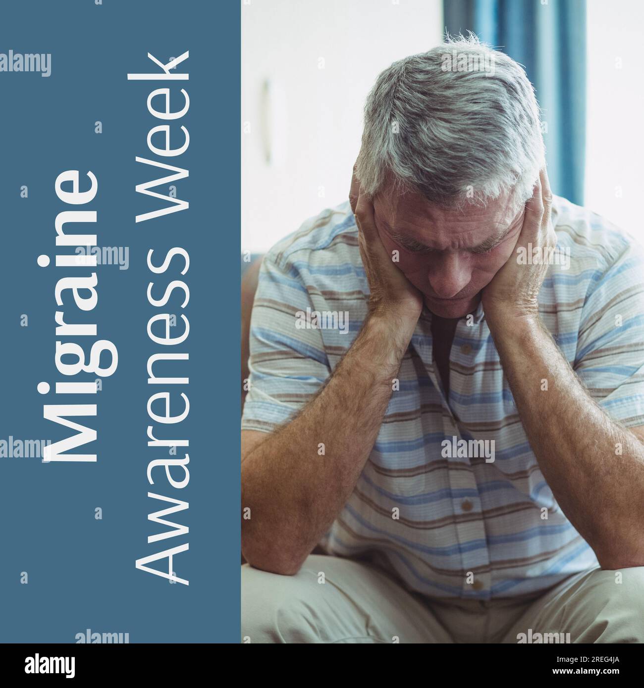 Migraine awareness week text in white on blue with senior caucasian man ...
