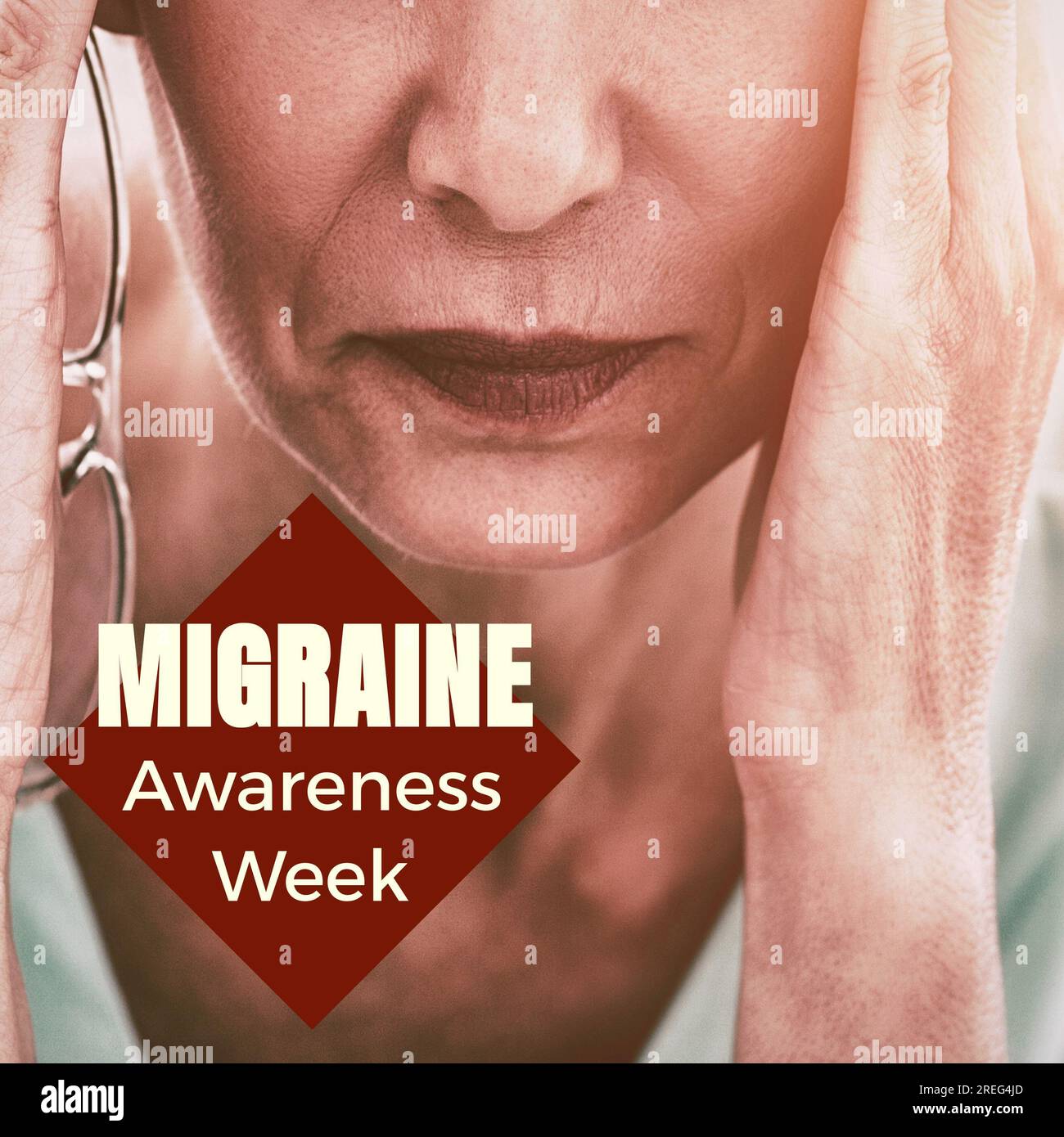 Migraine awareness week text in white with senior caucasian woman ...