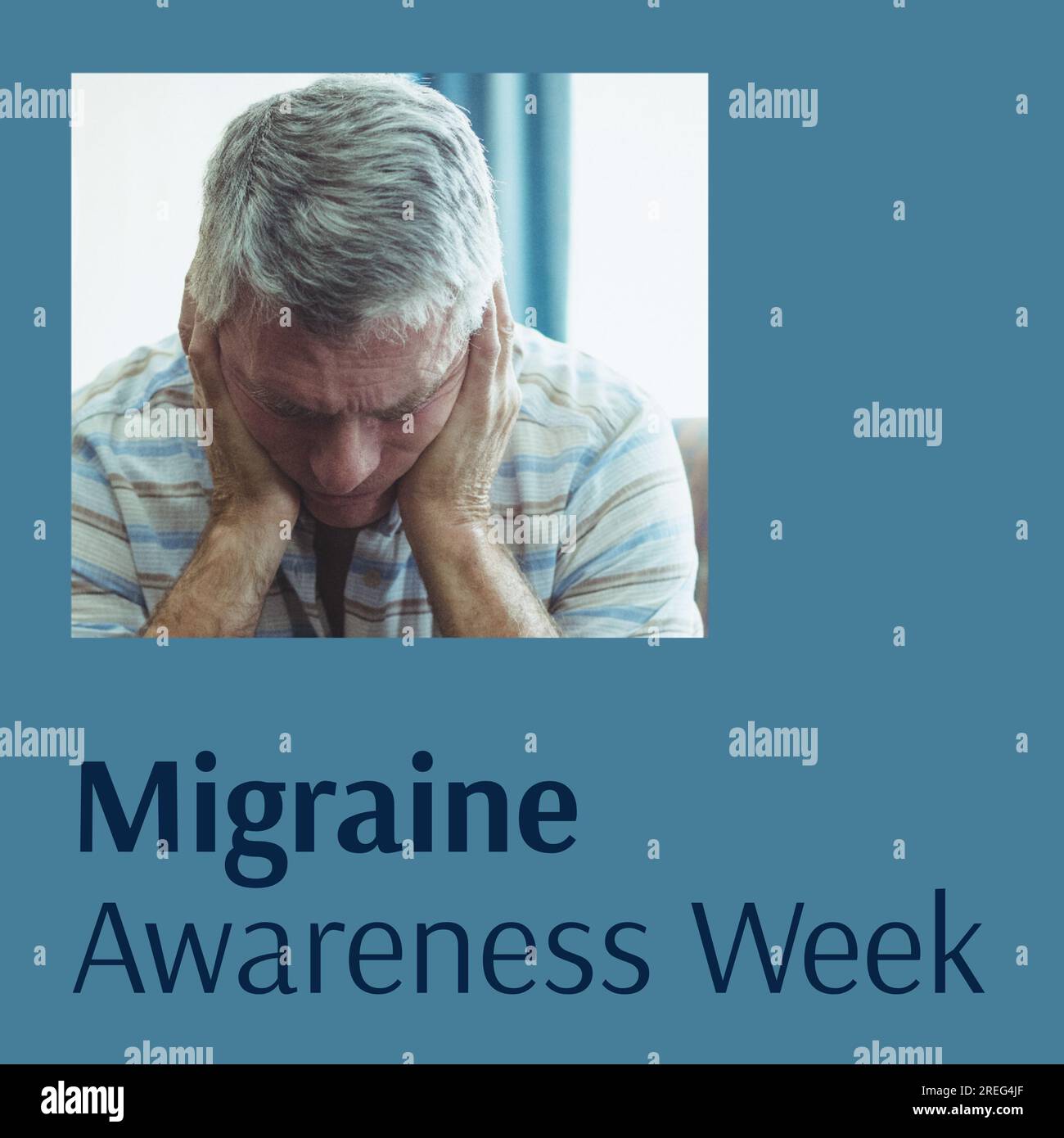 Migraine awareness week text on blue with senior caucasian man holding ...