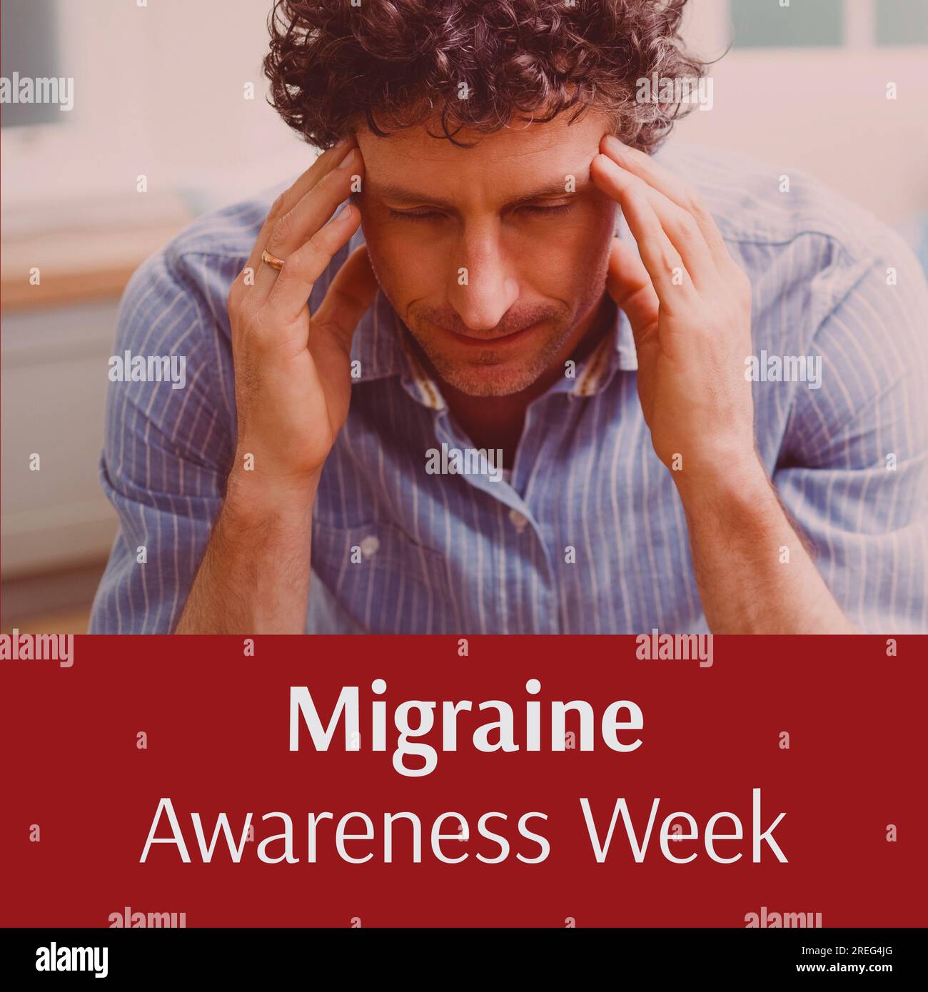 Migraine awareness week text in white on red with caucasian man holding ...