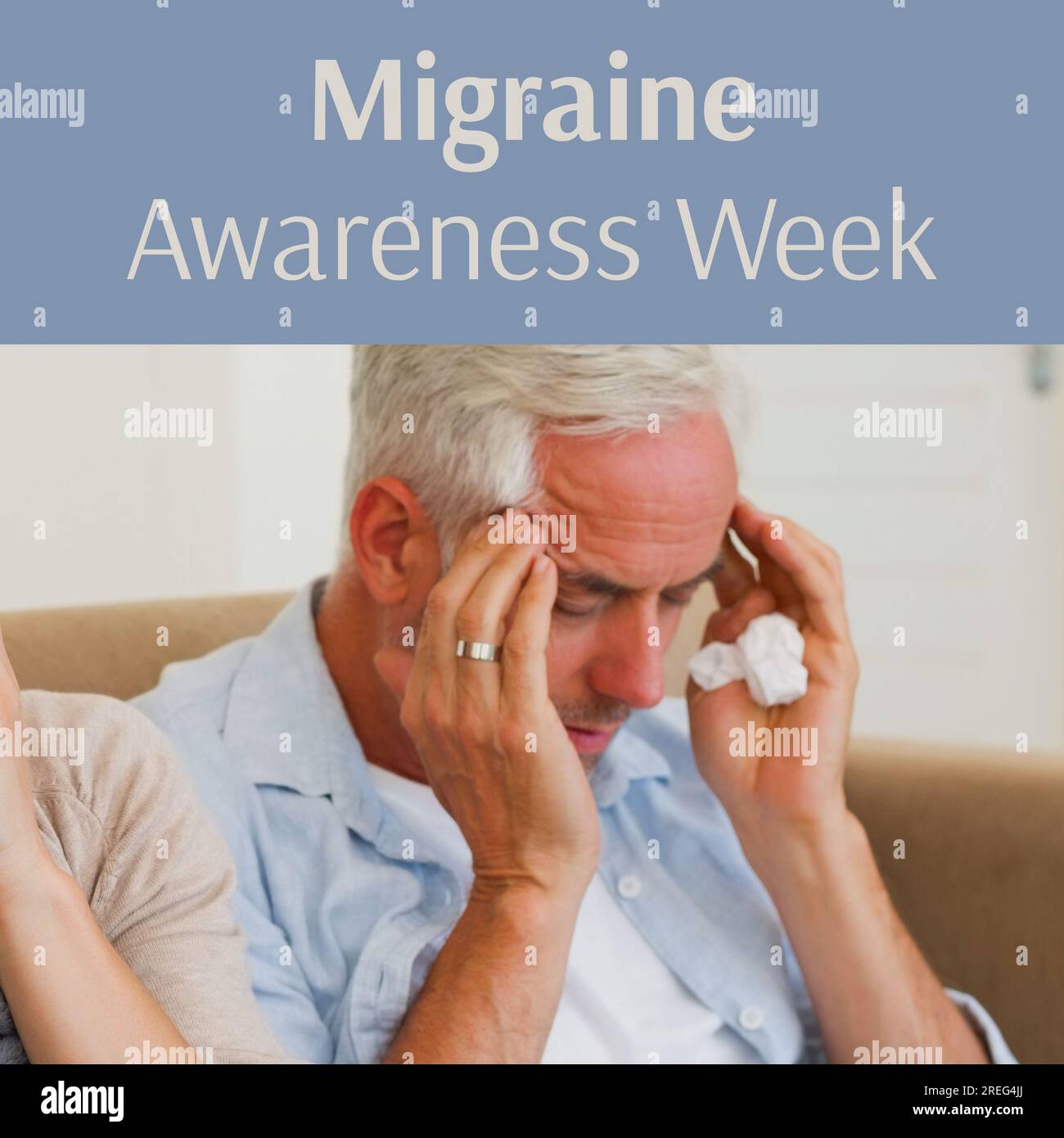 Migraine awareness week text in grey on blue with senior caucasian man ...
