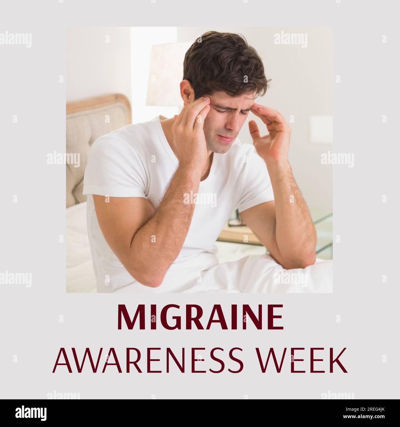 Migraine awareness week text in brown with caucasian man holding head ...
