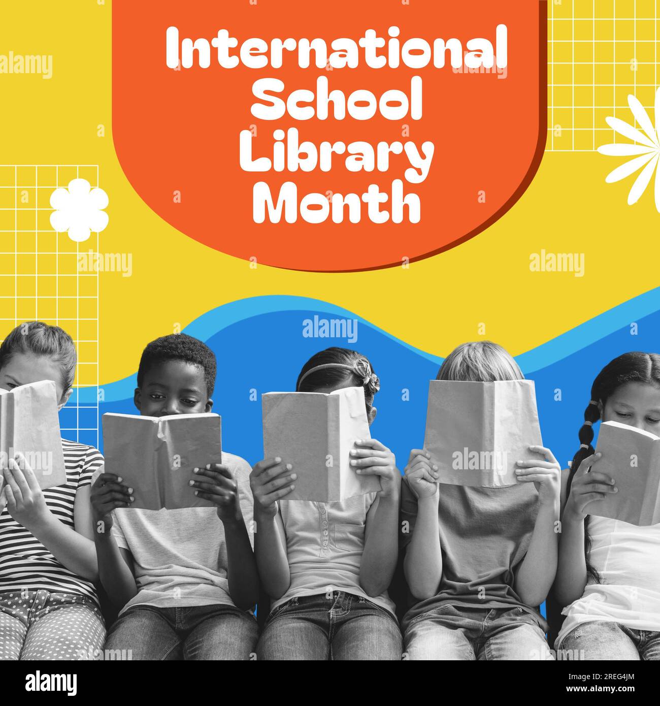 Composite of diverse children reading book side by side and ...