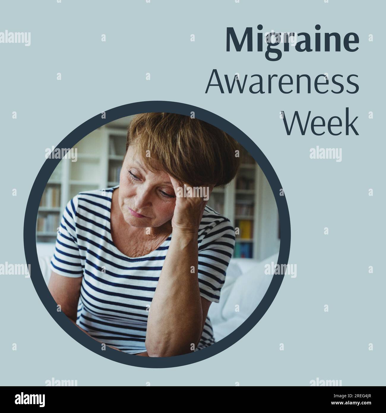 Migraine awareness week text on blue with unhappy caucasian woman ...
