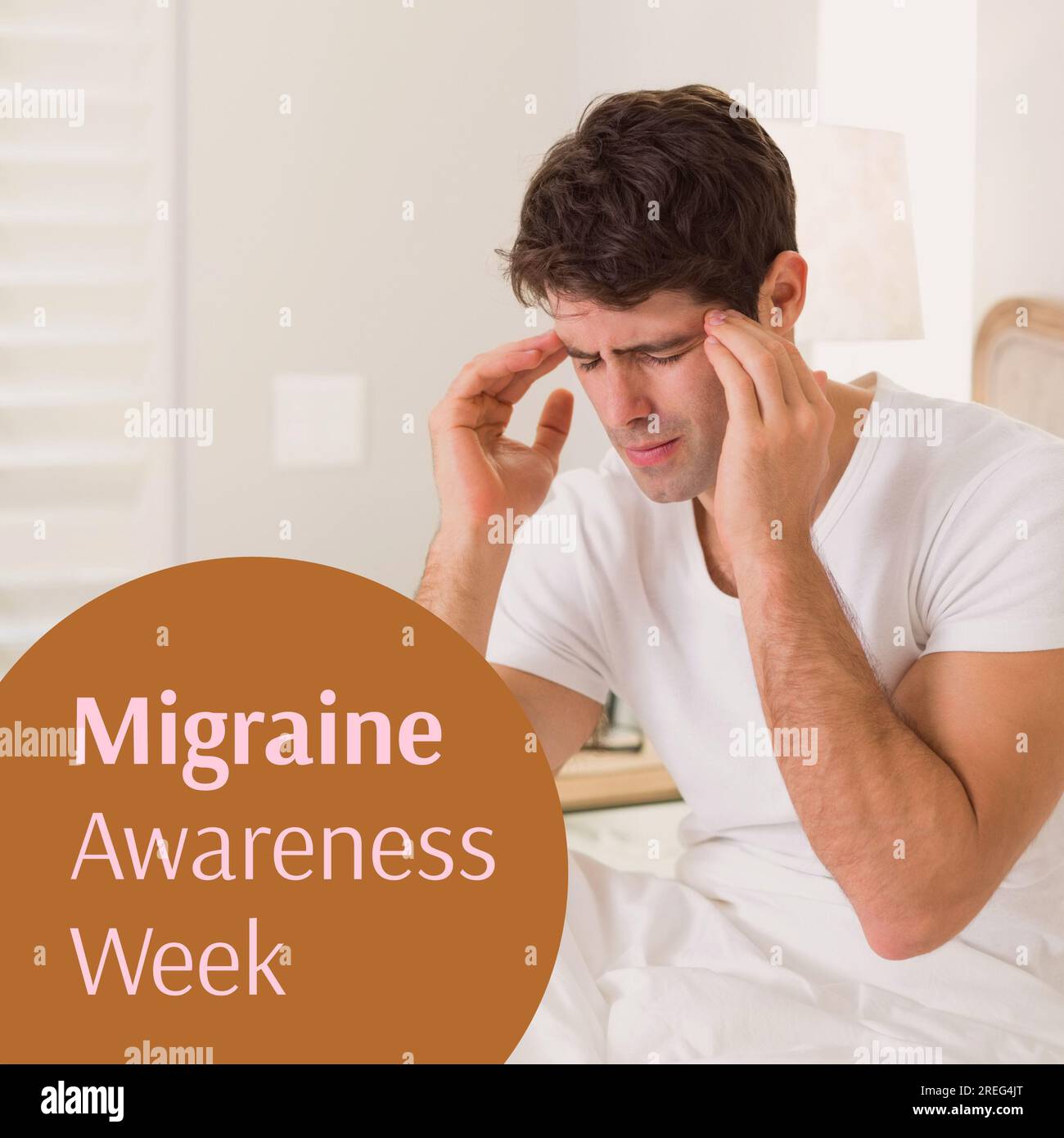 Migraine awareness week text in pink on brown with caucasian man ...