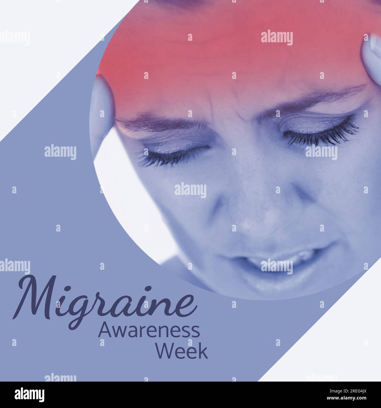 Migraine awareness week text on blue with distessed caucasian woman ...