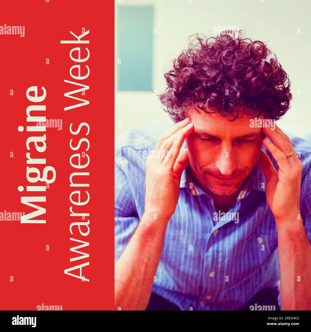 Migraine awareness week text in white on red with caucasian man holding ...