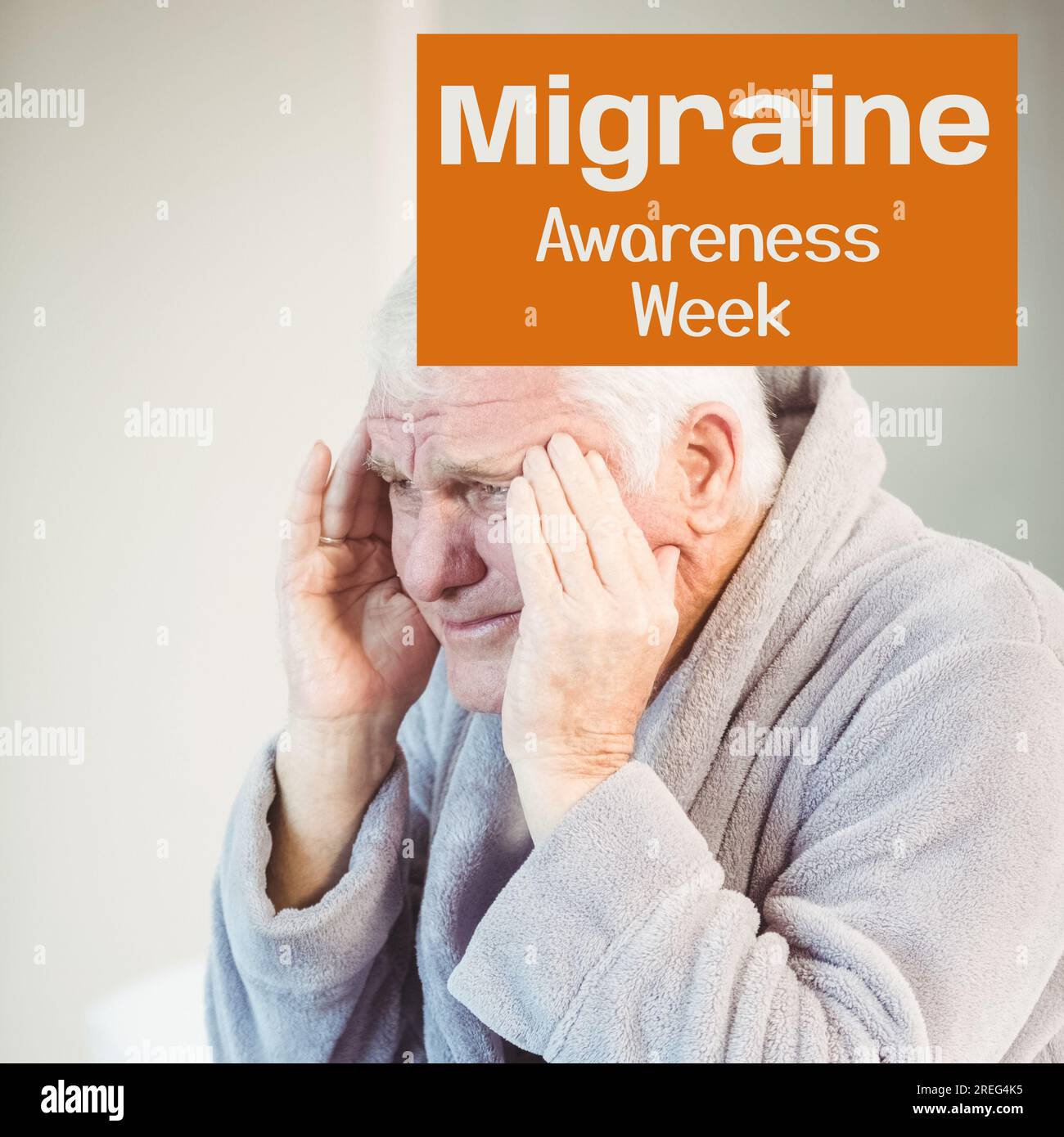 Migraine awareness week text on orange over distressed senior caucasian ...