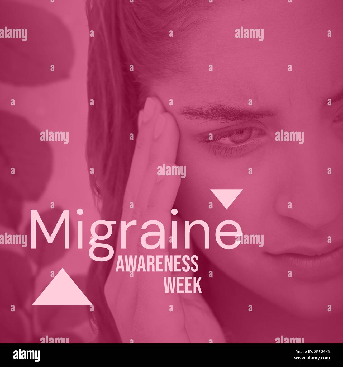 Migraine awareness week text on red with unhappy caucasian woman ...