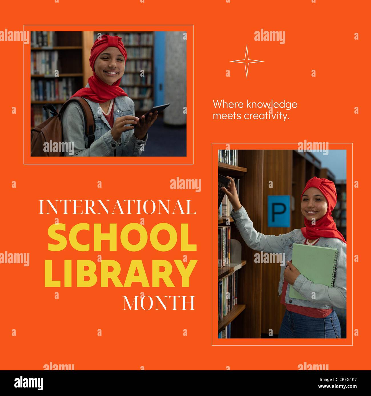 Collage of biracial woman in hijab with tablet in library ...