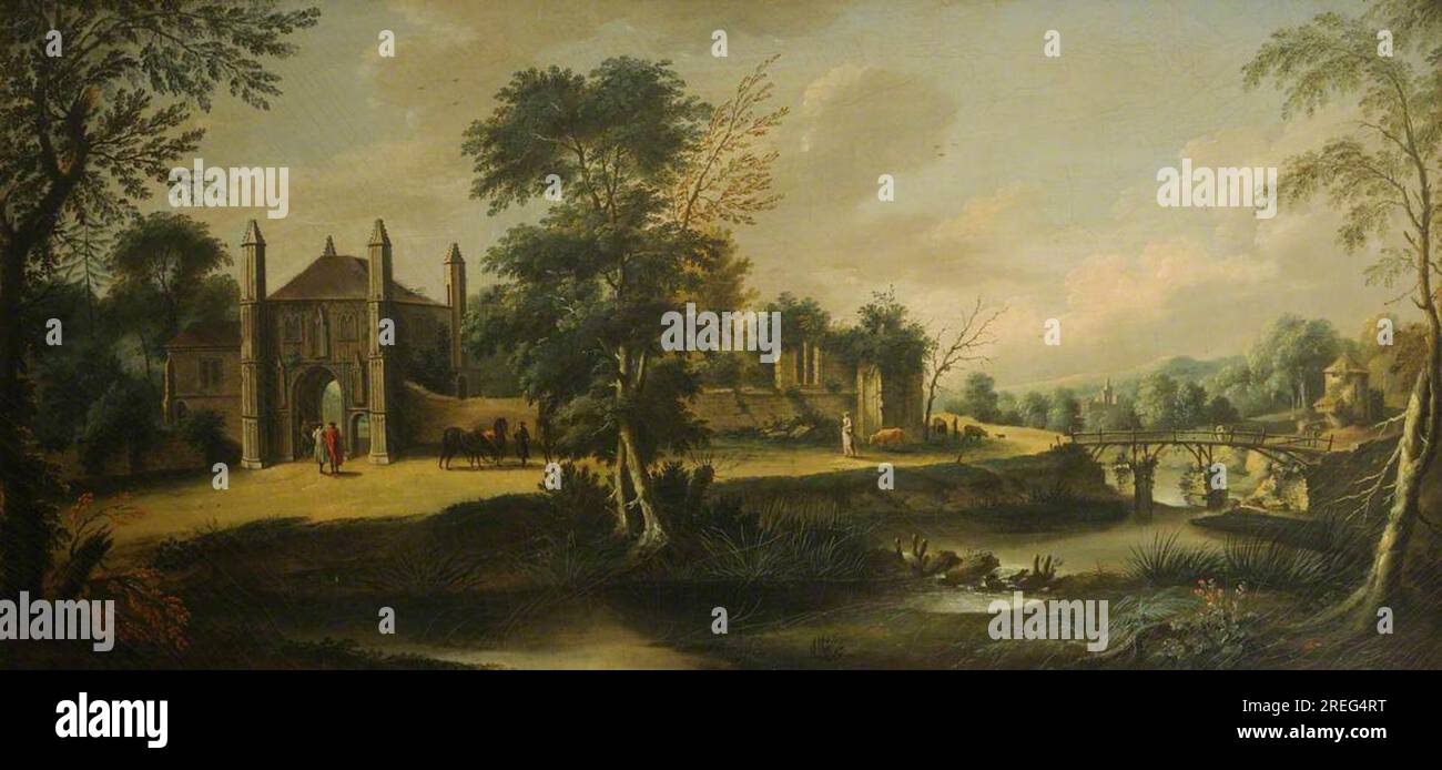 A Gothic Gateway by a River circa 1755 by Johann Heinrich Müntz Stock ...