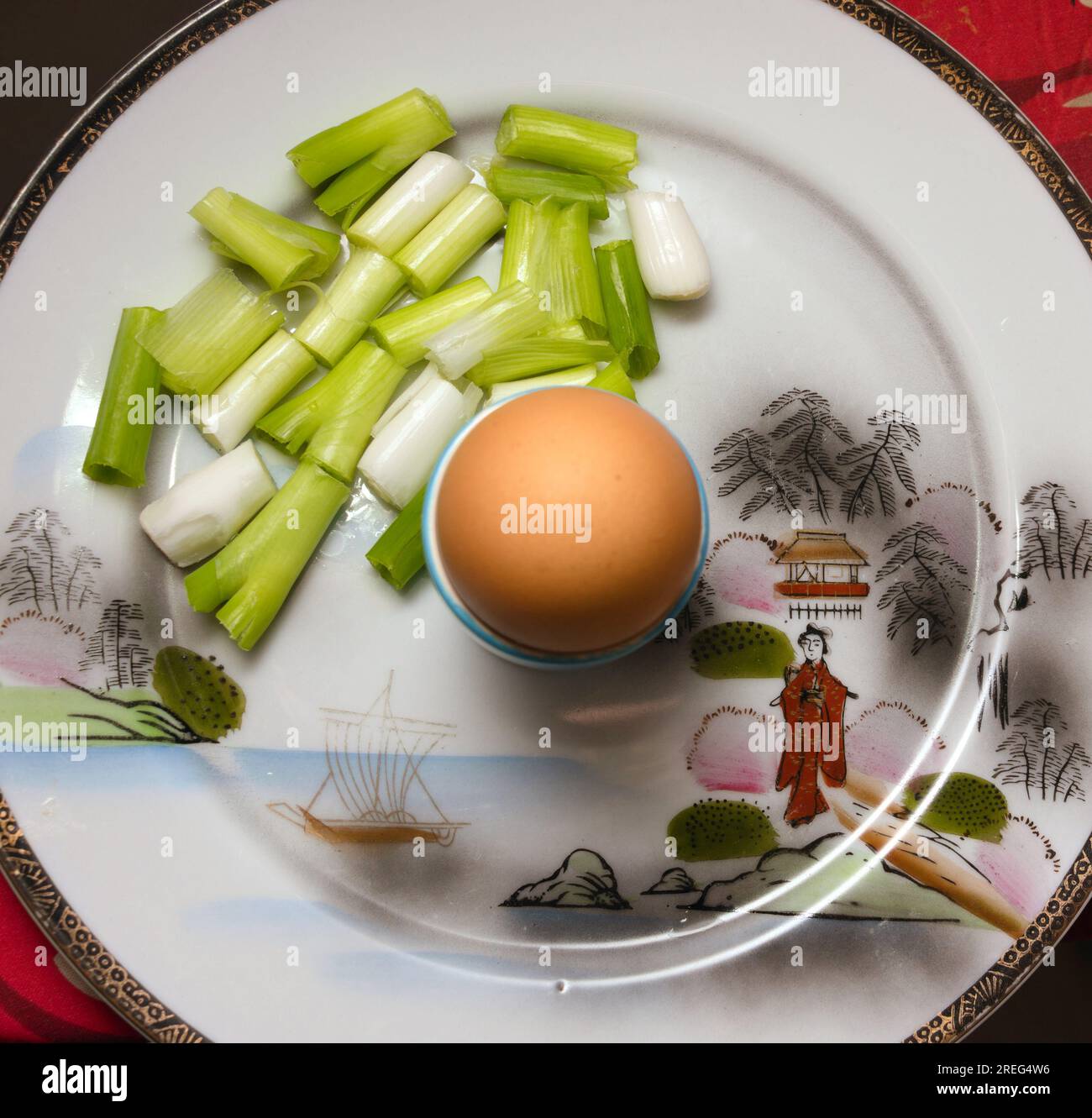 breakfast food, boiled egg, eggs, chopped spring onions, on a hand ...