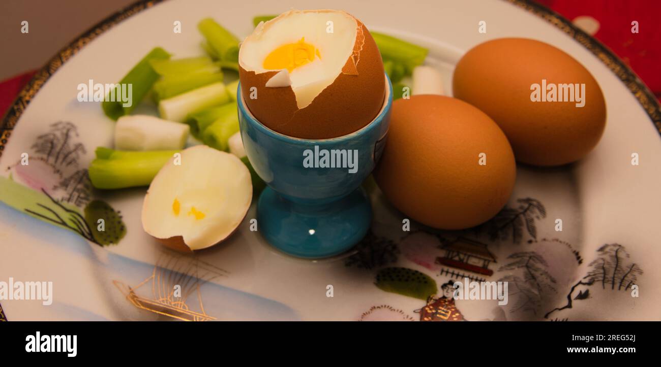 breakfast food, boiled egg, eggs, chopped spring onions, on a hand ...