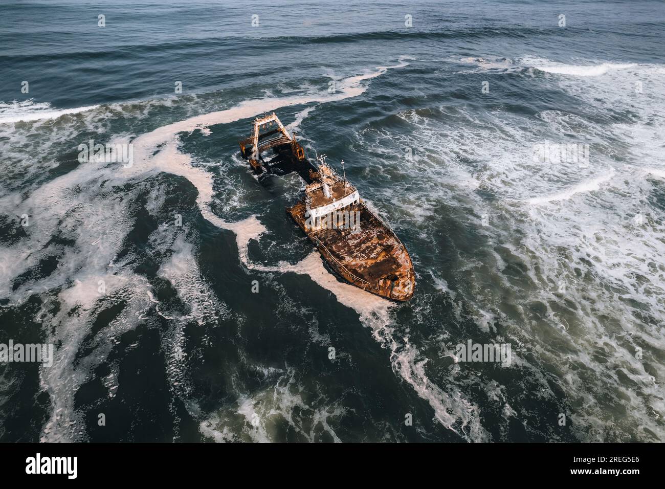 Aerial Drone View of Zeila Shipwreck in Ocean, Skeleton Coast in ...