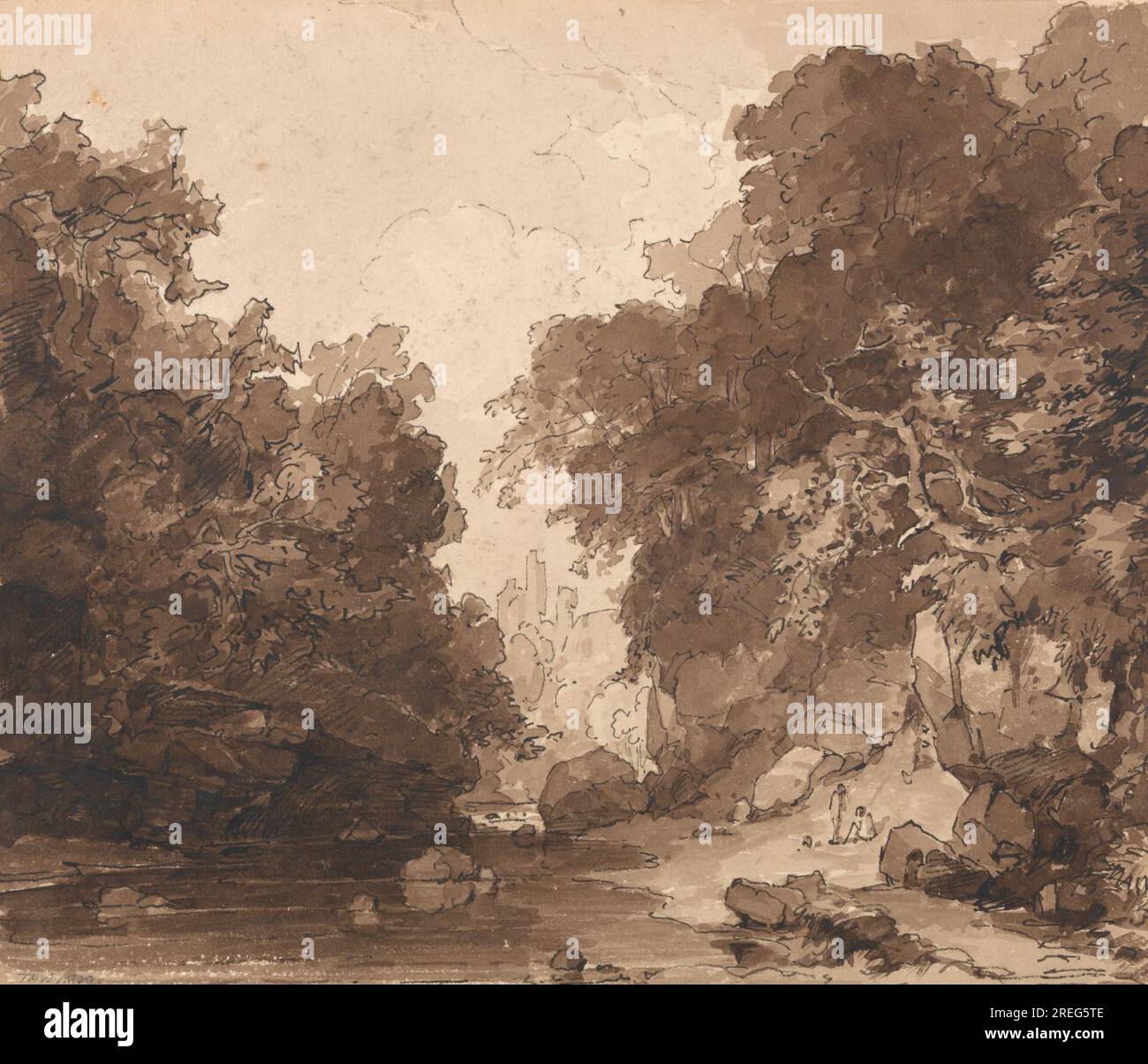 Roslyn Castle - a wooded river landscape 1839 by Thomas Peploe Wood ...