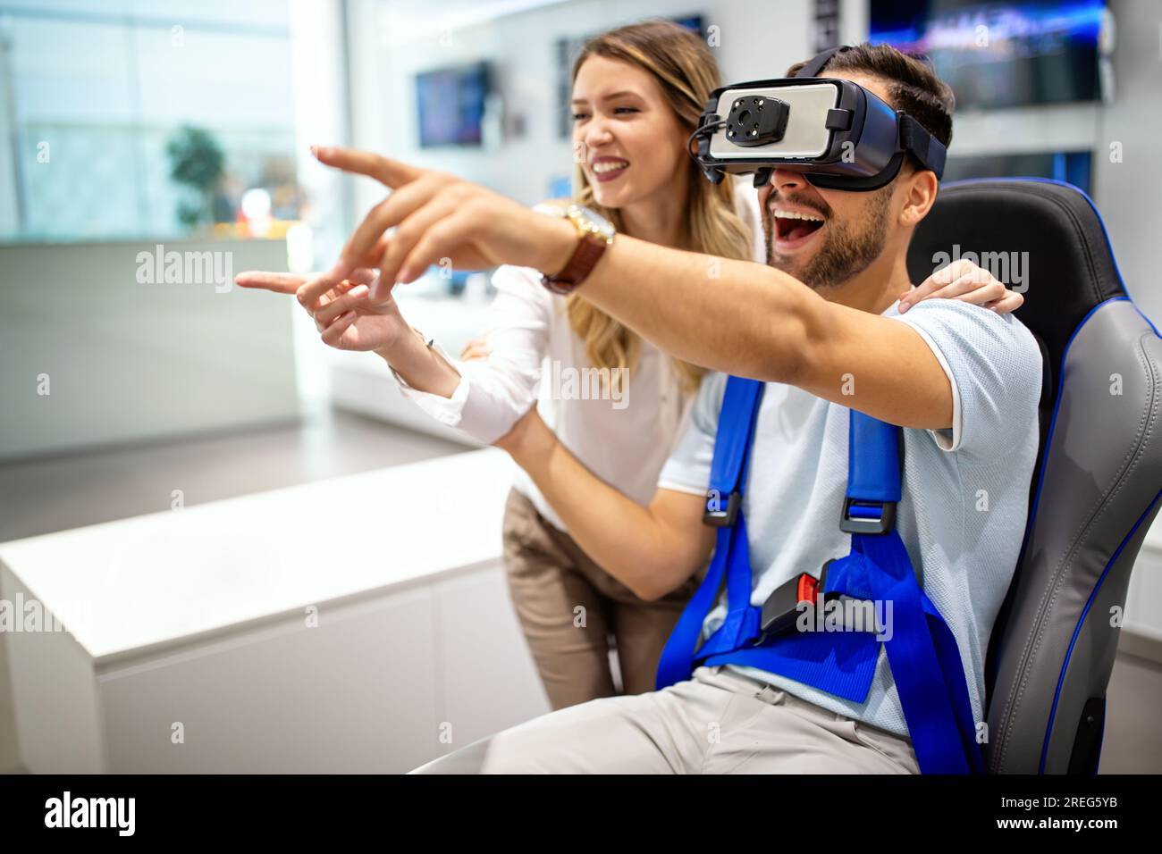 Group of people using virtual reality headset at exhibition, show. VR ...