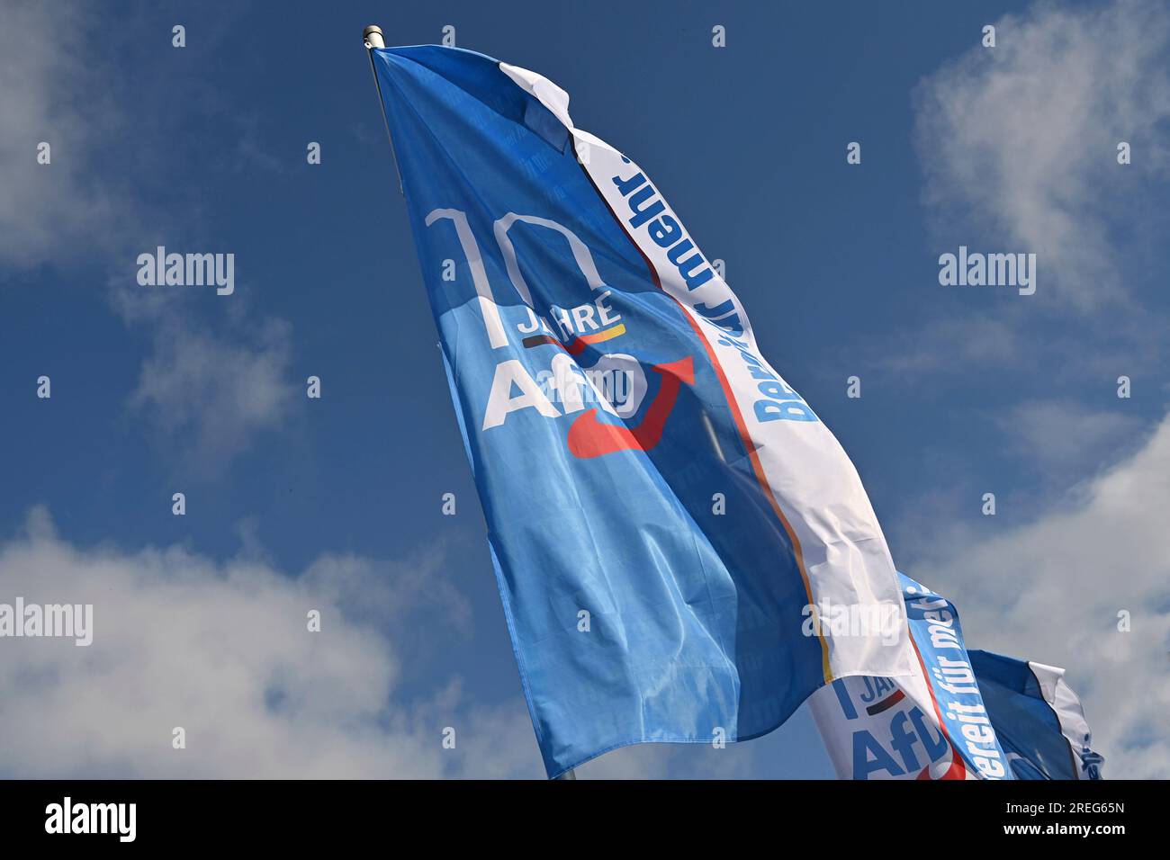 Magdeburg, Deutschland. 28th July, 2023. Flags are blowing in the wind ...
