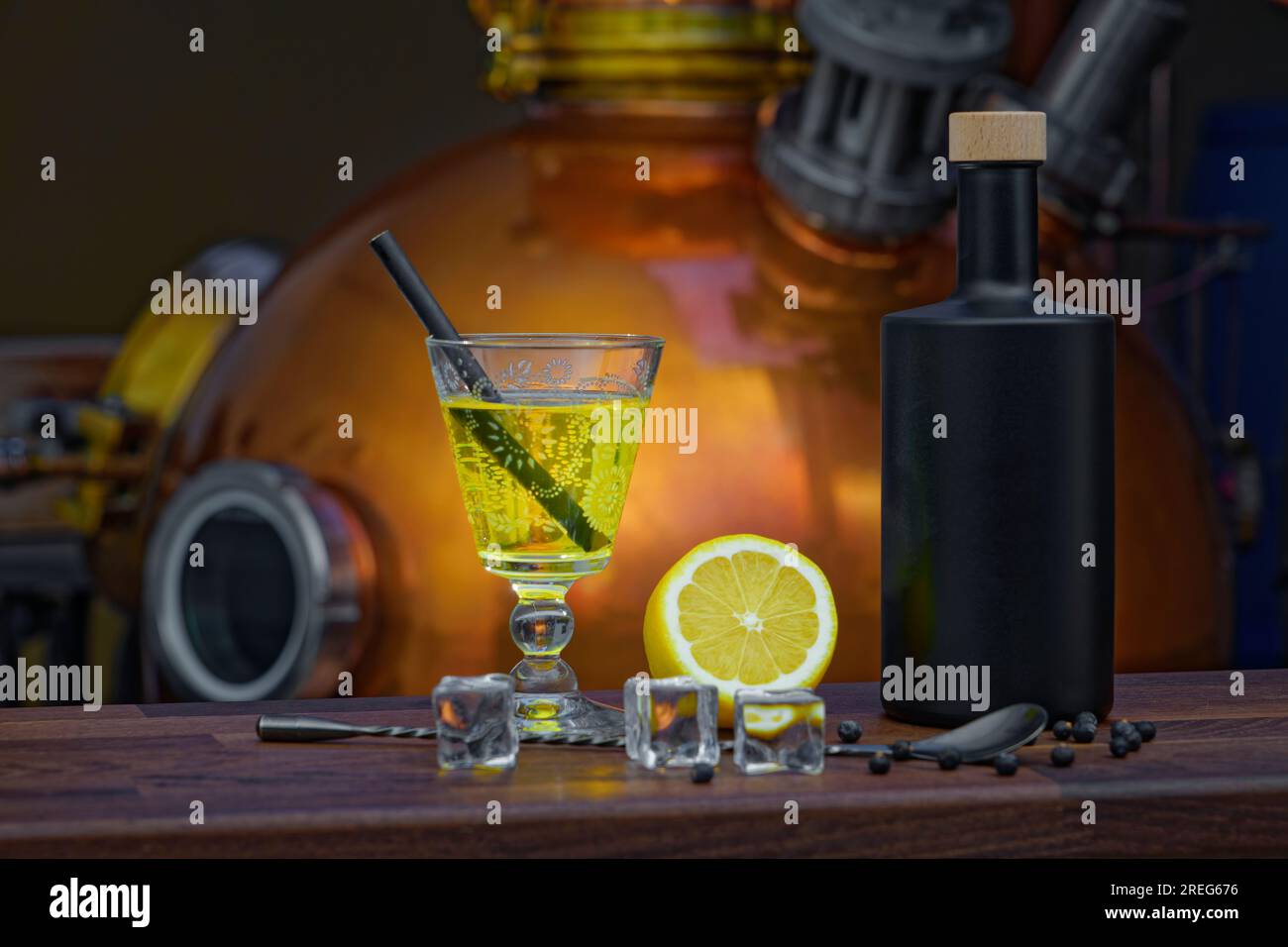 Gin cocktail with black ceramic bottle in front of distillery. You can ...