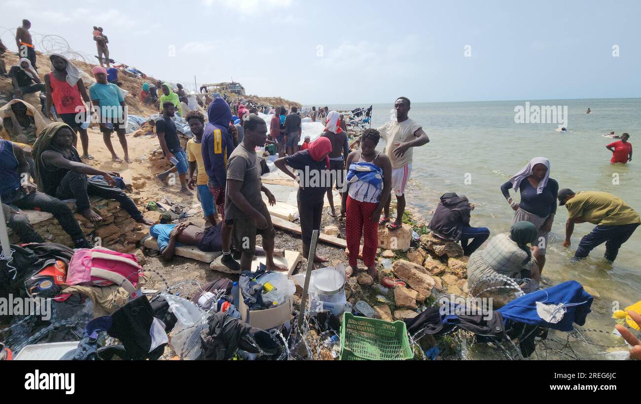 Ras Ajdir, Libya. 26th July, 2023. African migrants are seen at the ...